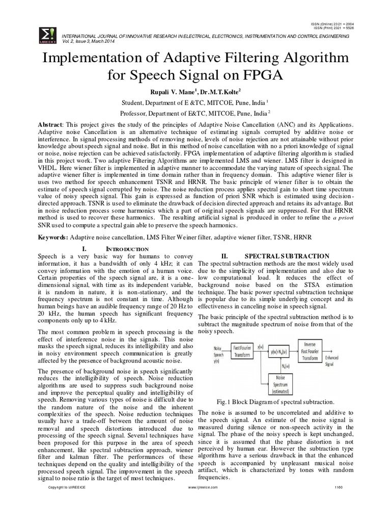 Implementation Of Adaptive Filtering Algorithm For Speech Signal On Fpga Pdf Spectral