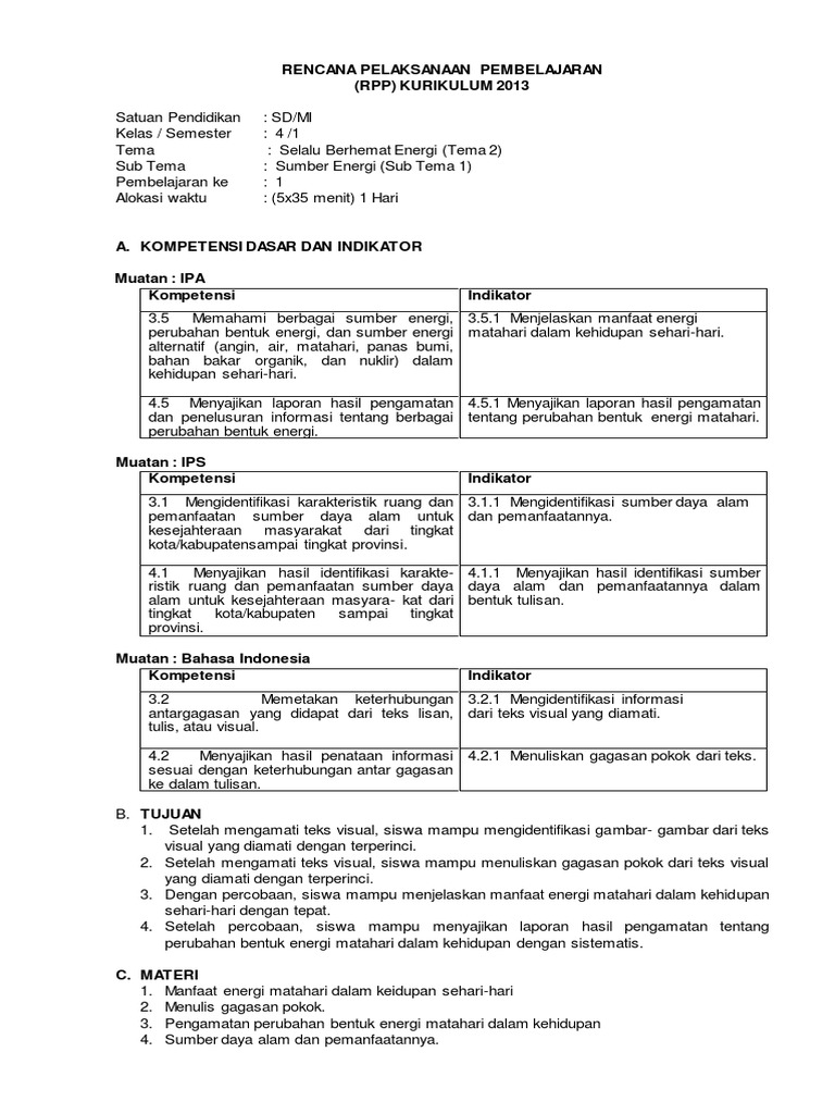 RPP PPL Kelas 4 Tema 2 Sub Tema 1 Pemb. 1 Anthonius Dolorosa | PDF