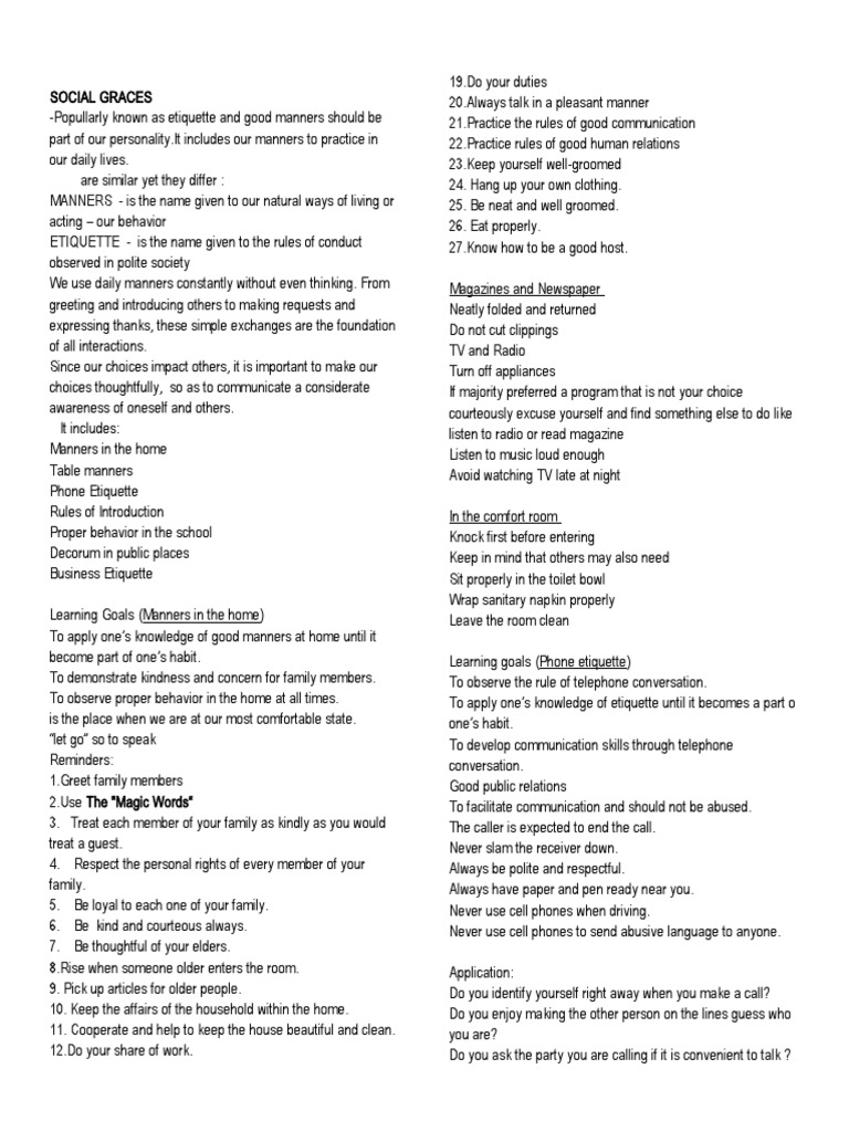 Social Graces Notes | PDF | Etiquette