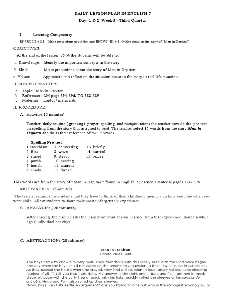 Grade 7 English Lesson Plan: Man in Dapitan | PDF | Lesson Plan | Learning