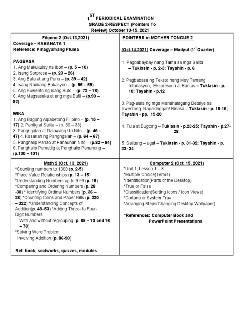 Grade 2 First Periodical Exam Review | PDF | Consonant | Linguistics