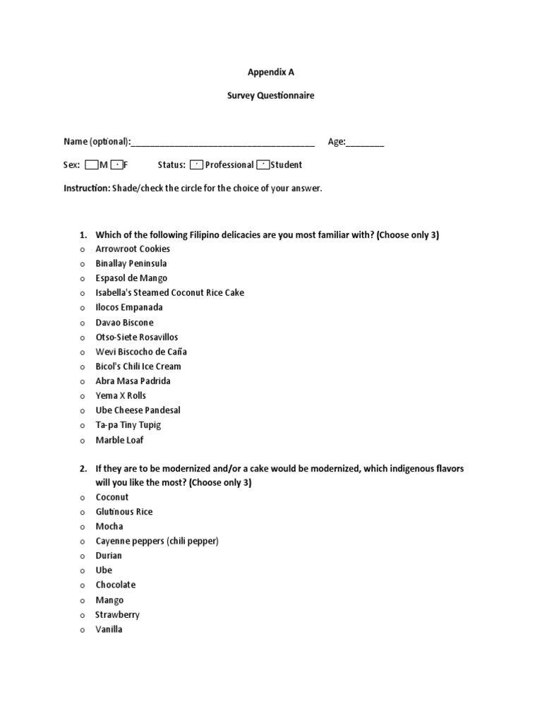 Survey Questionnaire | PDF | Food And Drink Preparation | Cooking