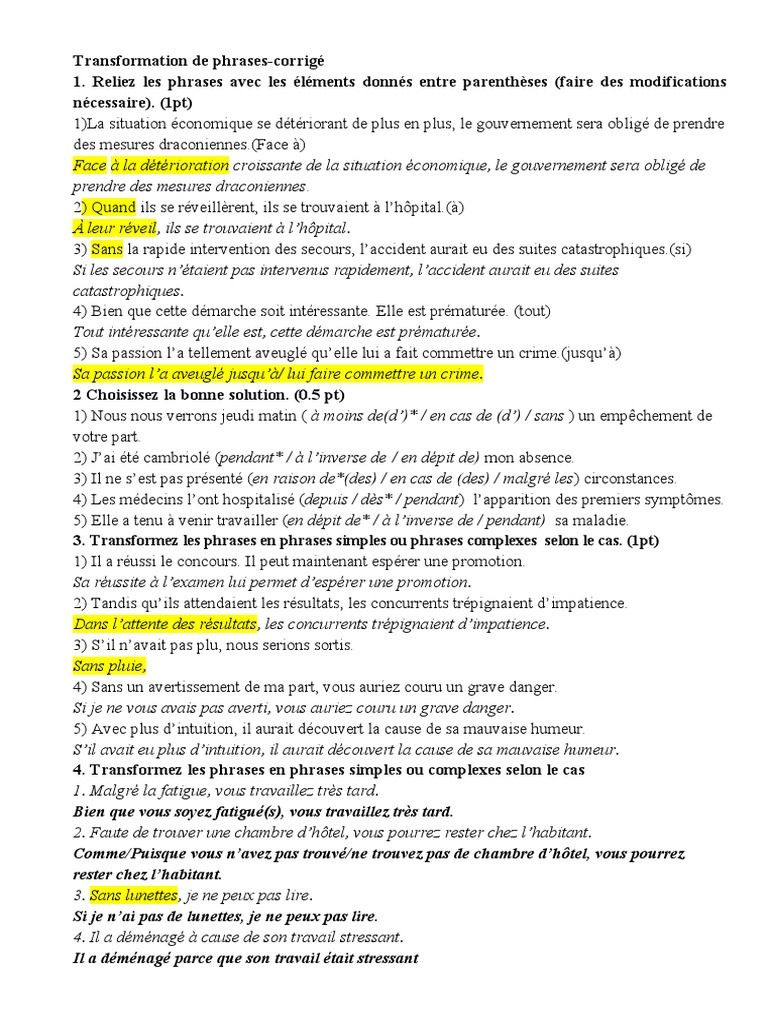 Transformation de phrases et corrections grammaticales | PDF | Linguistique