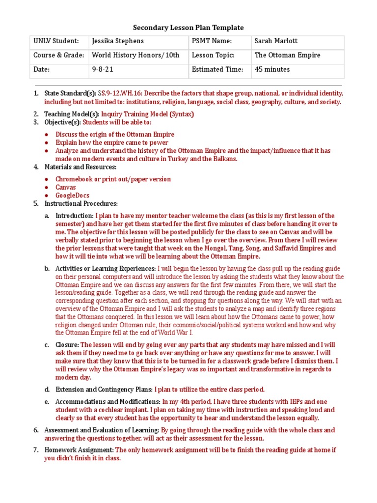 Lesson Plan 1 - The Ottoman | PDF | Educational Assessment ...