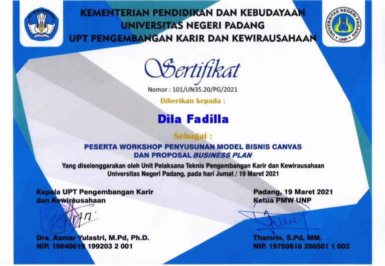 Sertifikat Workshop Penyusunan BMC Dan Business Plan - Dila Fadilla | PDF