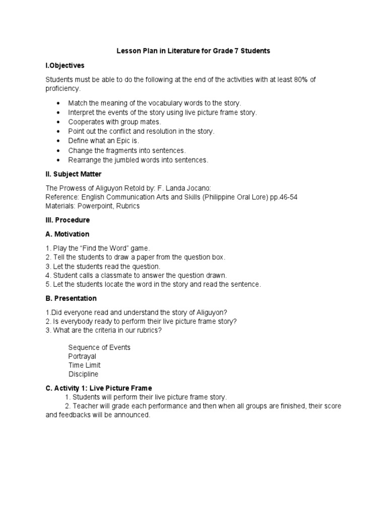 LP Semi Detailed - Literature Grade 7 | PDF | Rubric (Academic) | Pedagogy