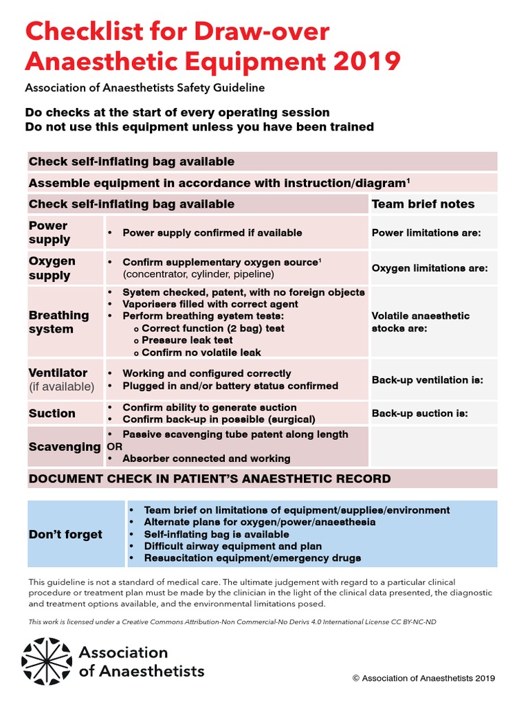 AAGBI19.12 Cheatsheet For Draw Over Anaesthetic Equipment | PDF ...