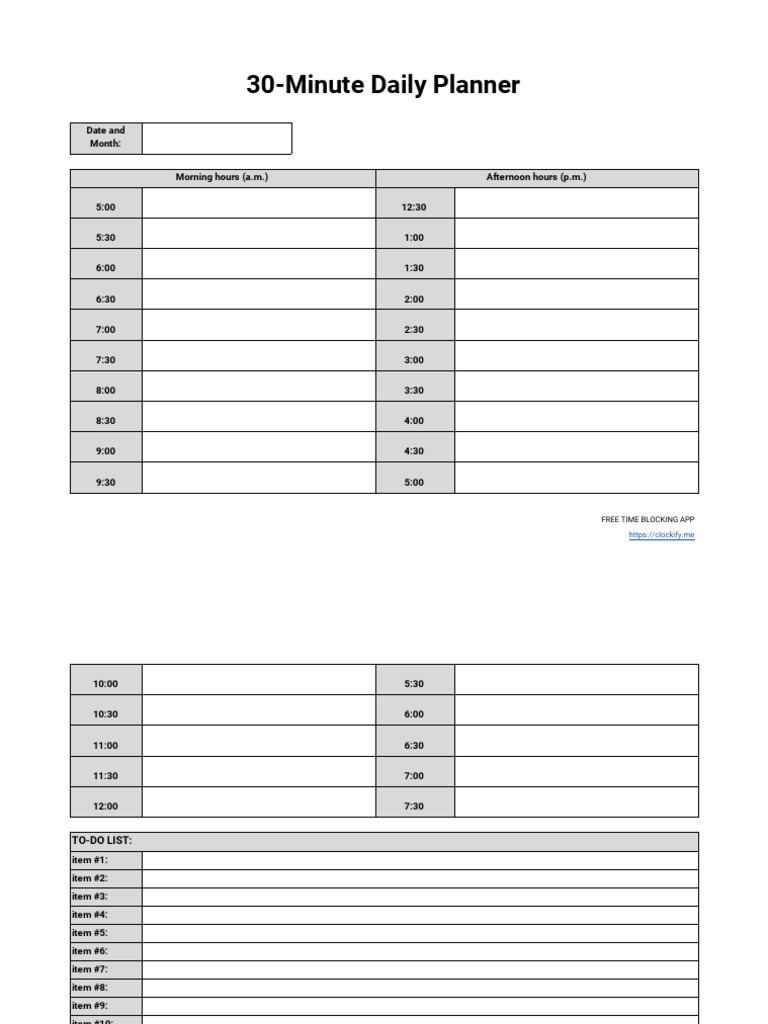 30-Minute Daily Planner Template | PDF | Home & Garden