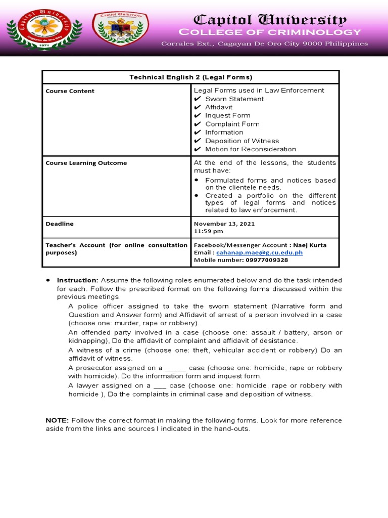 Technical English 2 (Legal Forms) Course Content: Cahanap - Mae@g.cu - Edu.ph | Download Free ...