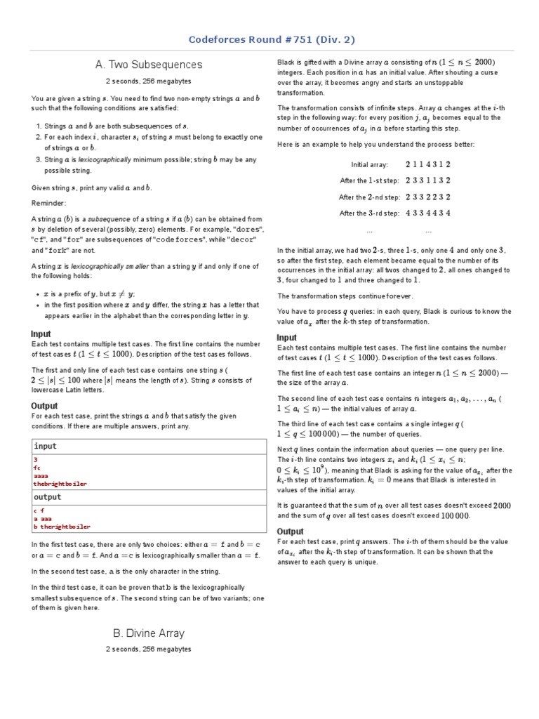 A Two Subsequences Codeforces Round 751 Div 2 Pdf String Computer Science Array