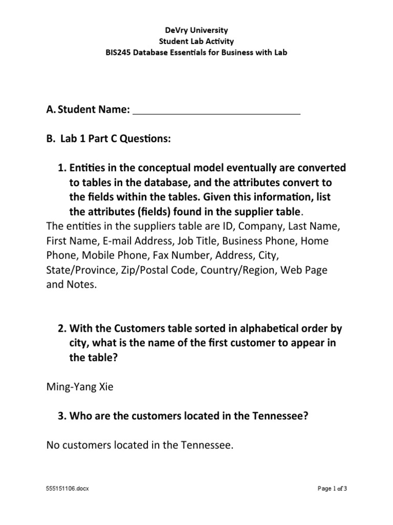 Devry University Student Lab Activity Bis245 Database Essentials For ...