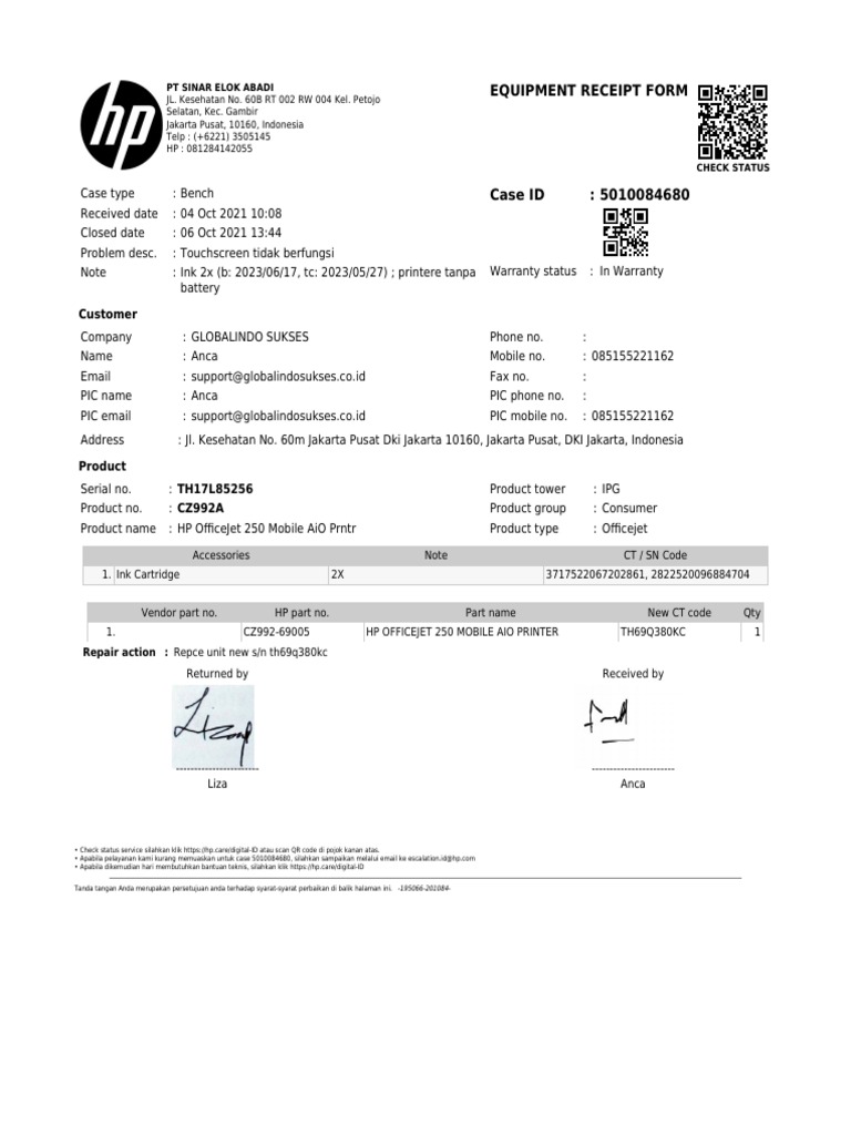 Customer: Equipment Receipt Form | PDF | Computer Hardware | Input/Output