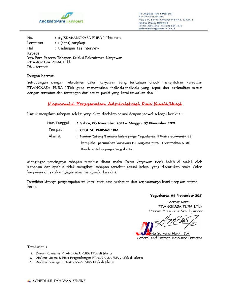 Undangan Tes Interview Angkasa Pura I | PDF
