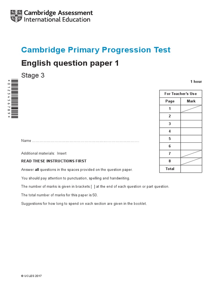 Cambridge Primary Progression Test: English Question Paper 1 | PDF