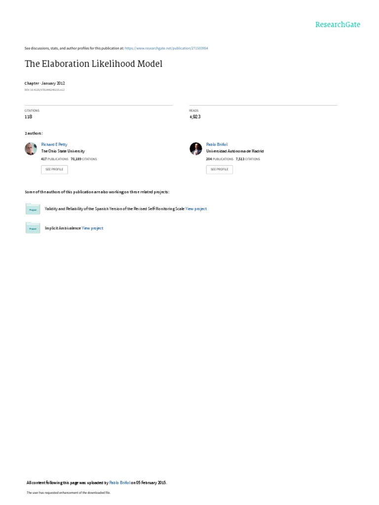 Petty, E. & Brinol, P. (2012) - The Elaboration Likelihood Model | PDF