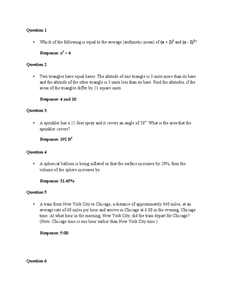 Math Problems and Solutions for Standardized Tests | PDF | Area | Sphere