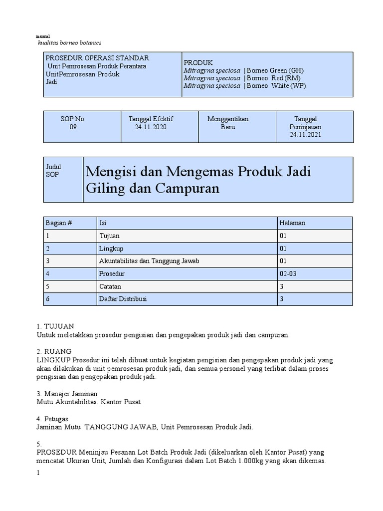 SOP Pengisian dan Pengemasan Produk | PDF | Teknologi & Rekayasa