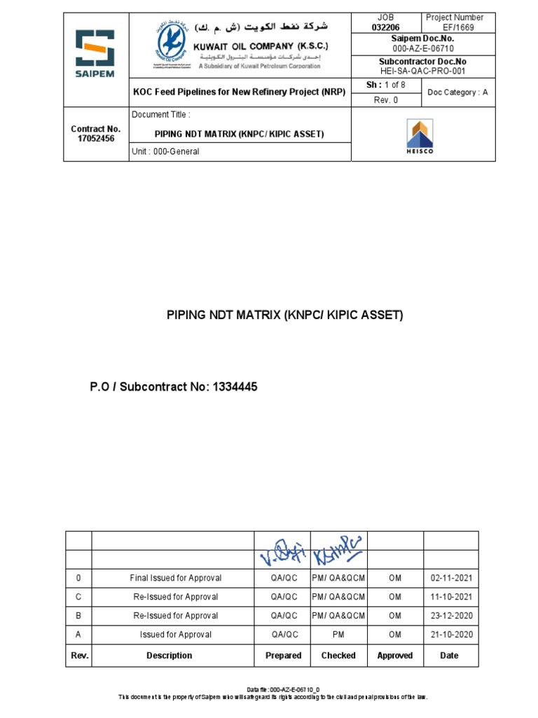 Piping NDT Matrix (KNPC/ Kipic Asset) : 032206 Saipem Doc - No ...