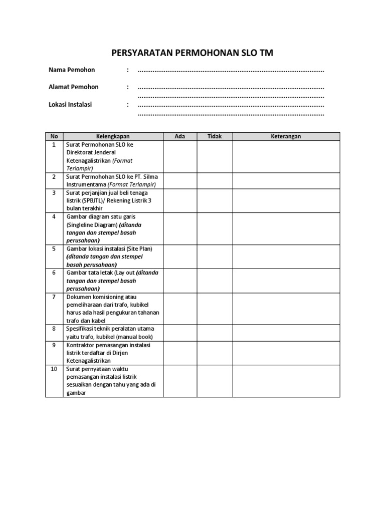 Persyaratan Permohonan Slo TM | PDF