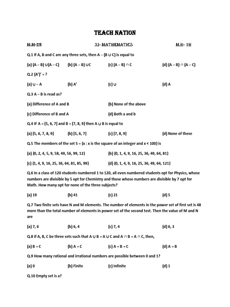 Sets MCQ | PDF | English Language | Numbers