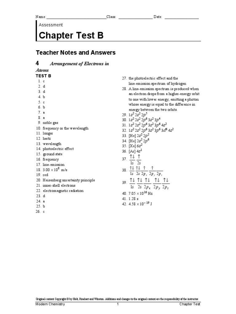 Chapter Test B: Teacher Notes and Answers 4 | PDF | Electron ...