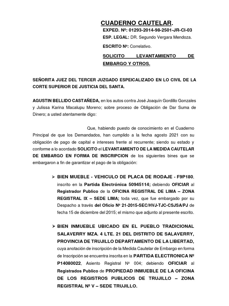 Solicita Levantamiento de Embargo | PDF | Justicia | Crimen y violencia