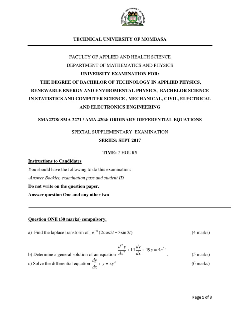 Sma 2278 Sma 2271 Ama 4204 Ordinary Differential Equations | PDF ...