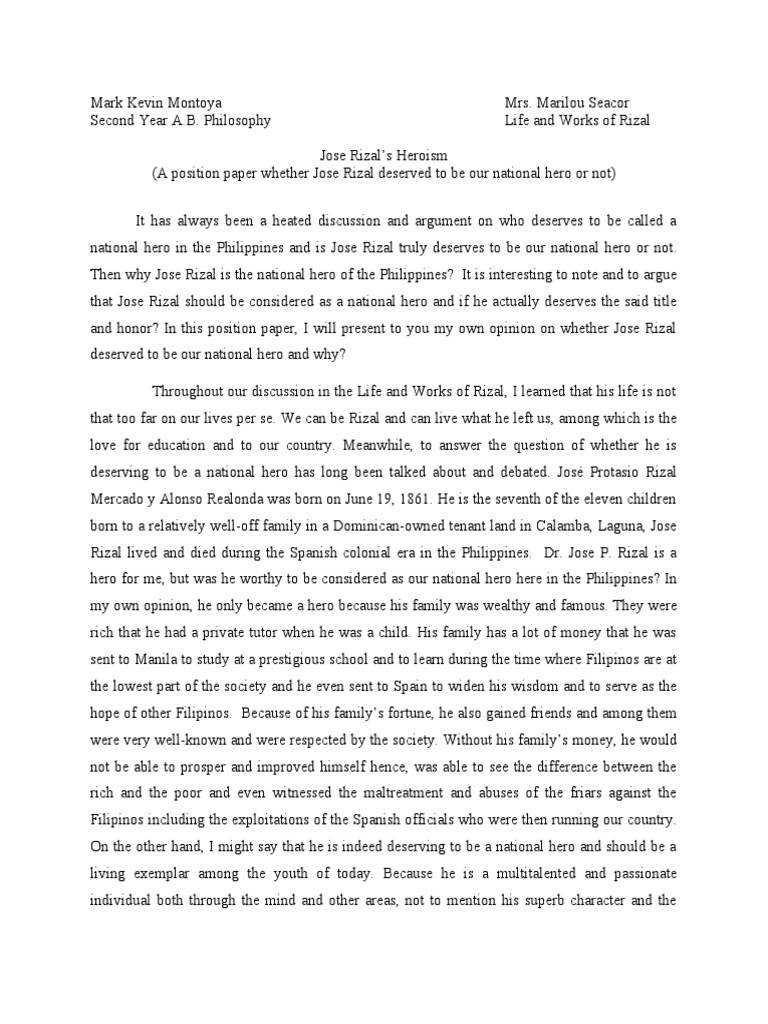 Position Paper Jose Rizal | PDF | Philippines