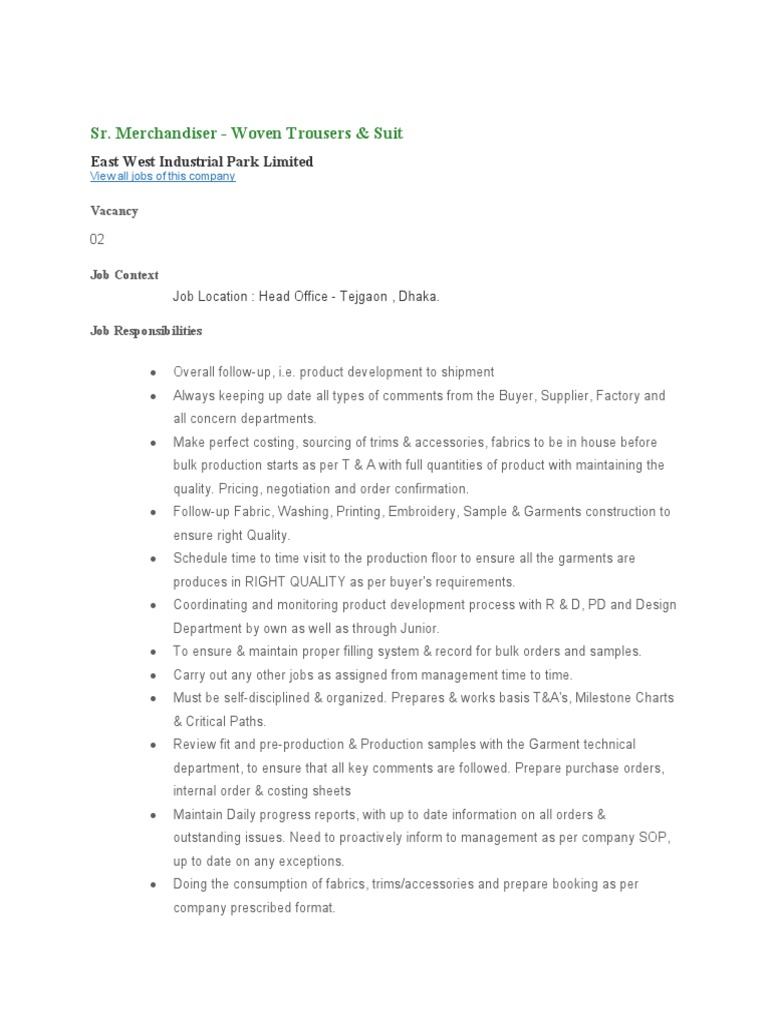 Sr. Merchandiser - Woven Trousers & Suit: East West Industrial Park ...