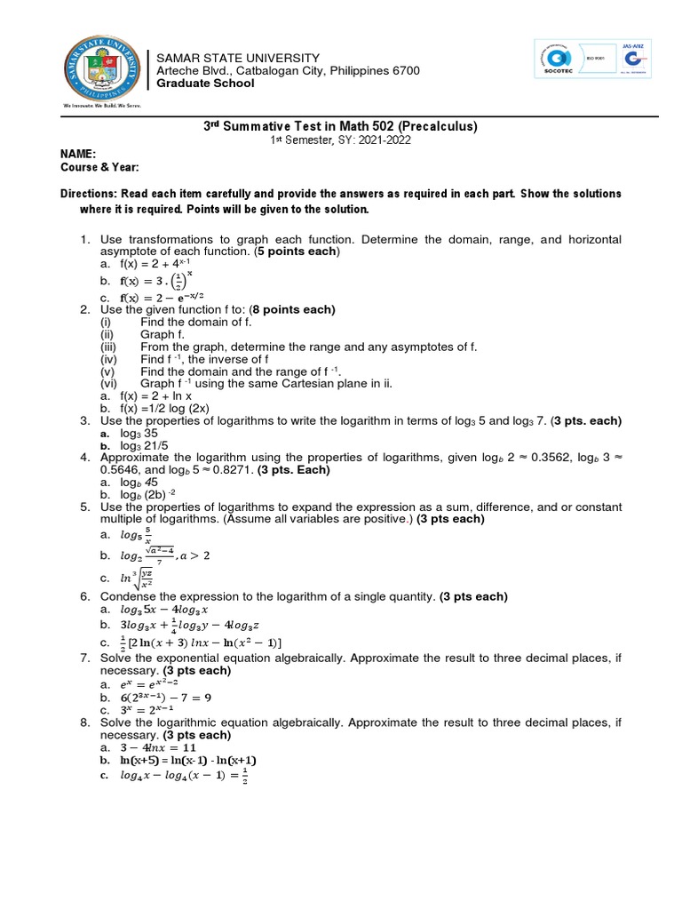 3 Summative Test in Math 502 (Precalculus) | PDF | Logarithm | Mathematics