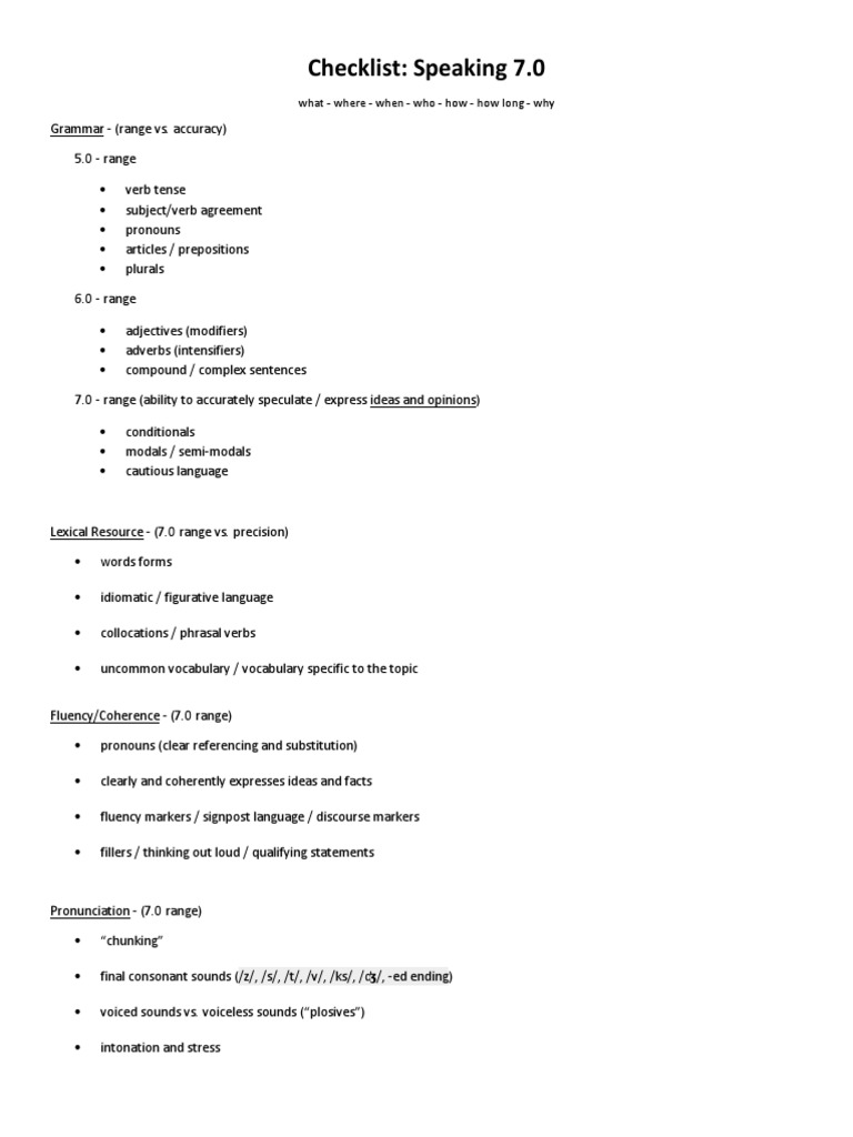 Checklist: Speaking 7.0: What - Where - When - Who - How - How Long ...