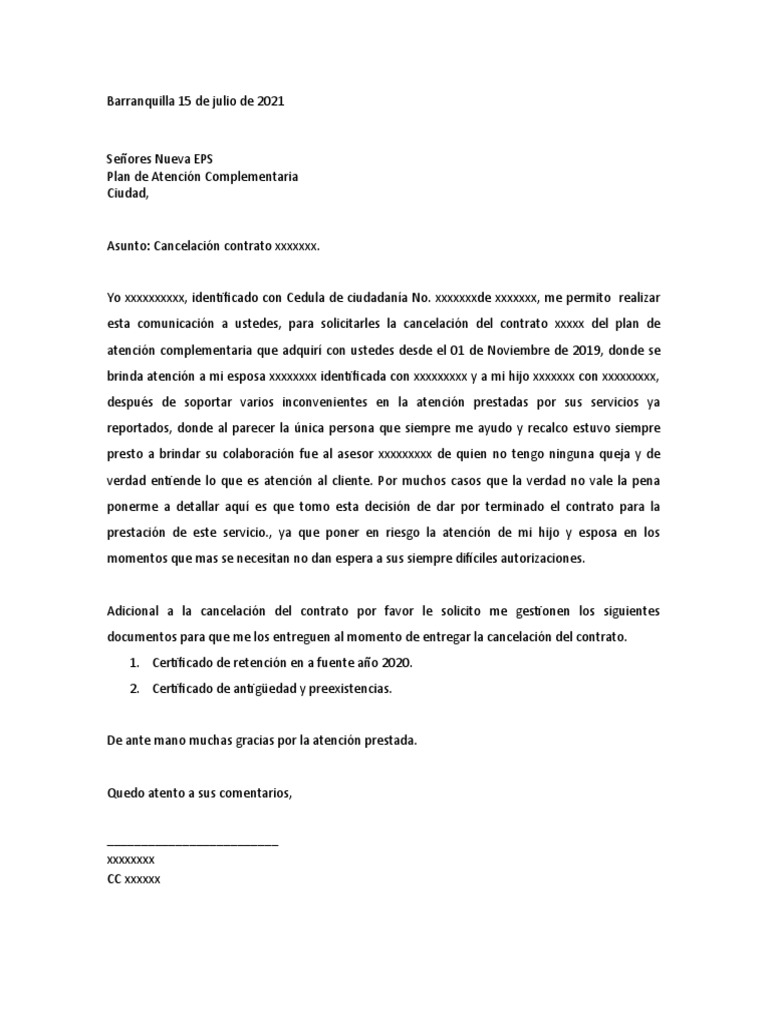 Cancelacion de Contrato Plan Complementario | PDF