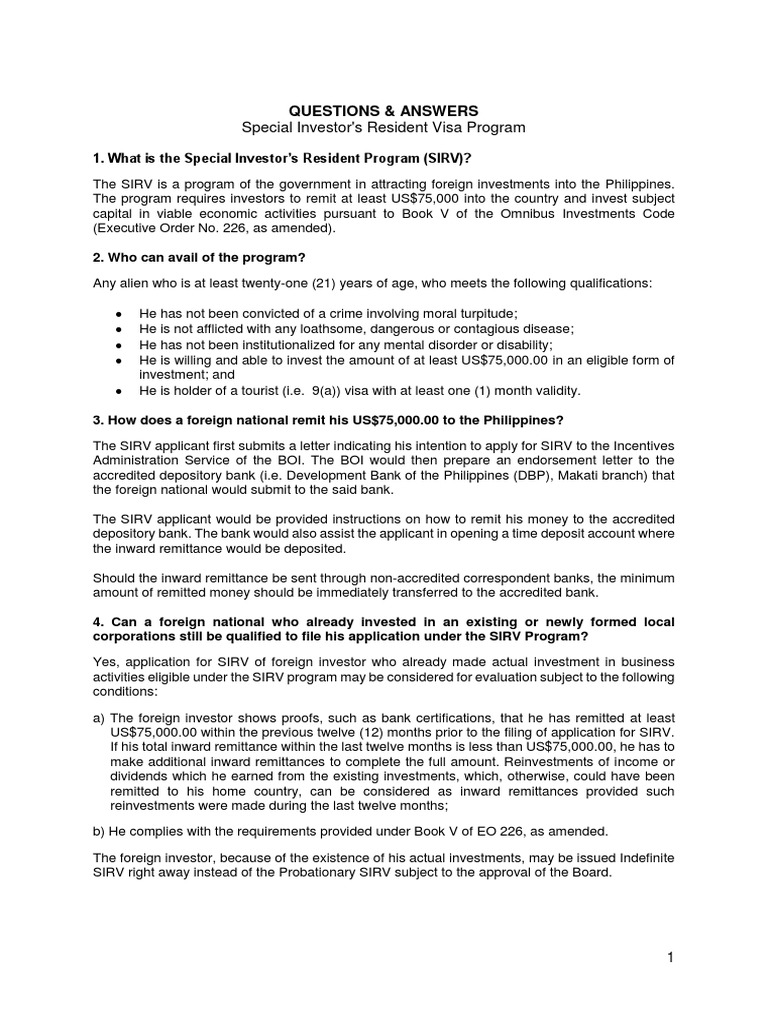 Special Investor's Resident Visa Program: Questions & Answers | PDF ...