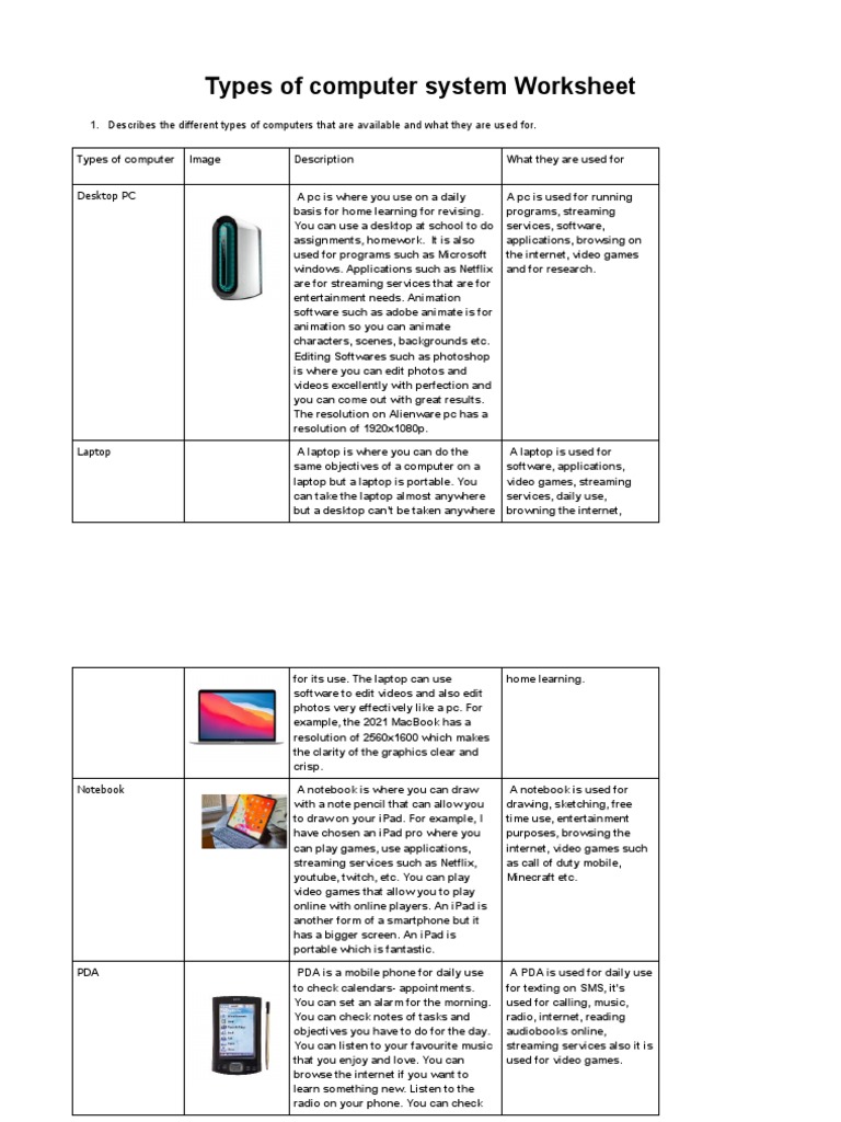 Worksheet Types of Computer System | PDF | Laptop | Personal Computers