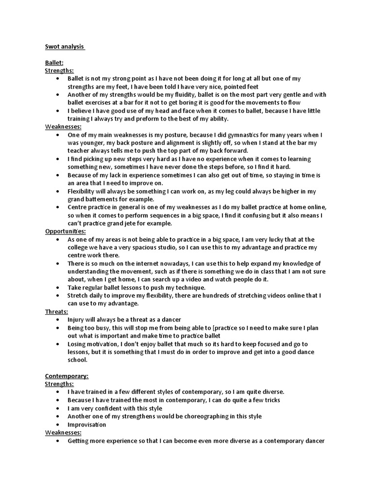 Swot Analysis Ballet | PDF | Dances | Ballet
