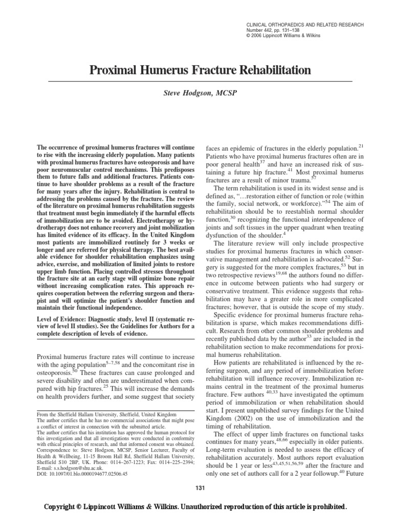 Proximal Humerus Fracture Rehabilitation: Steve Hodgson, MCSP | PDF ...