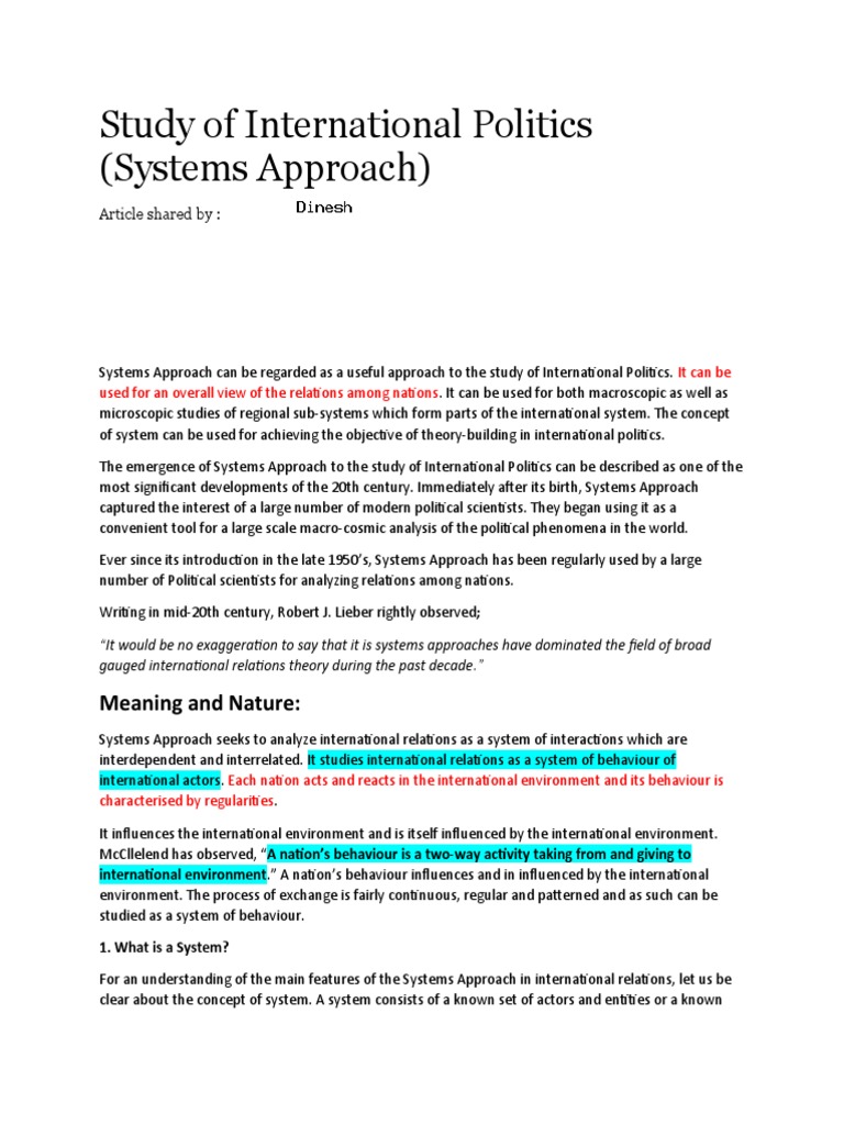 Study of International Politics (Systems Approach) : Meaning and Nature ...