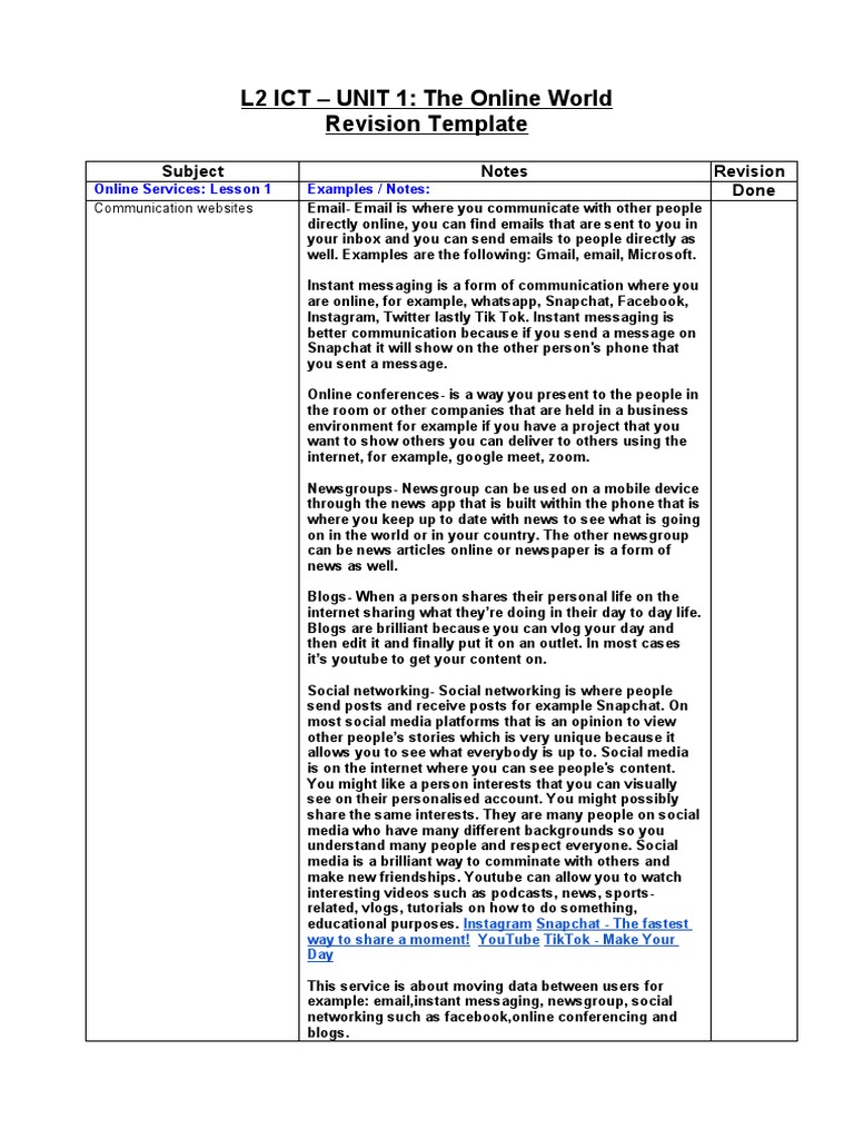 L2 ICT - UNIT 1: The Online World Revision Template: Subject Notes ...