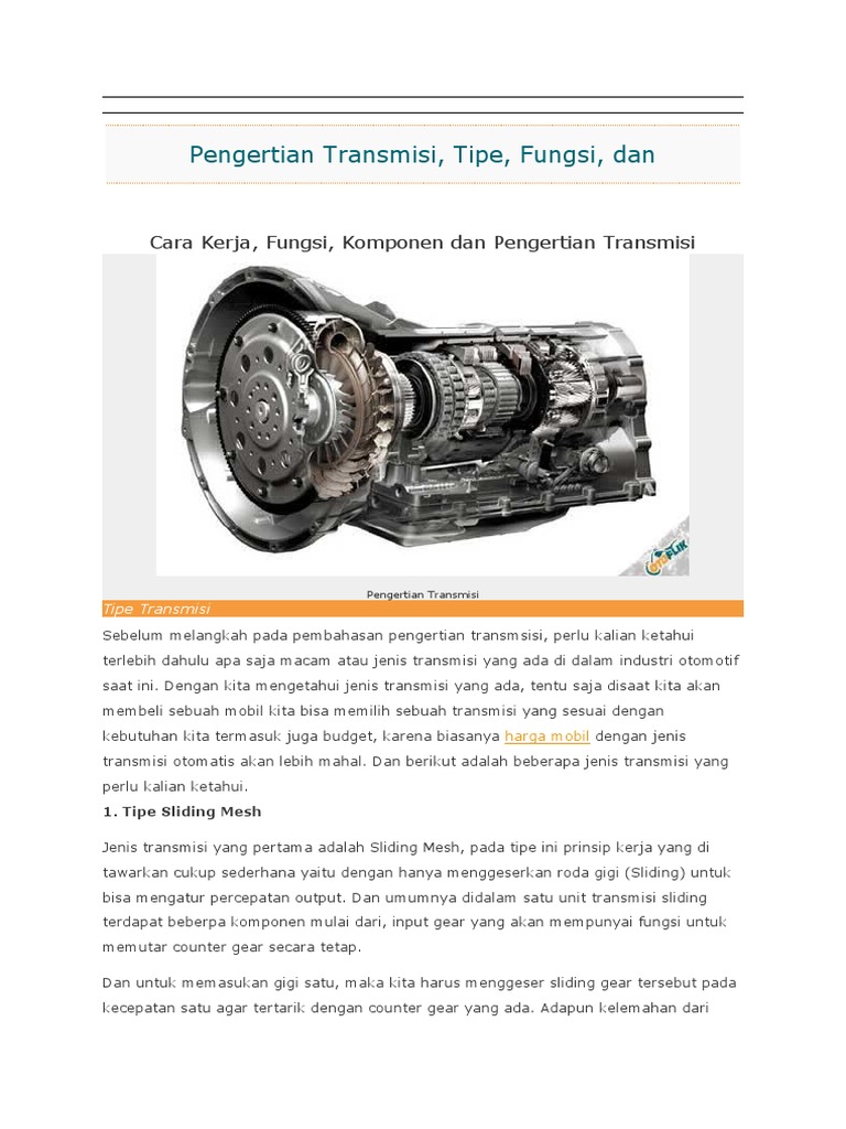 Cara Kerja, Fungsi, Komponen Dan Pengertian Transmisi | PDF
