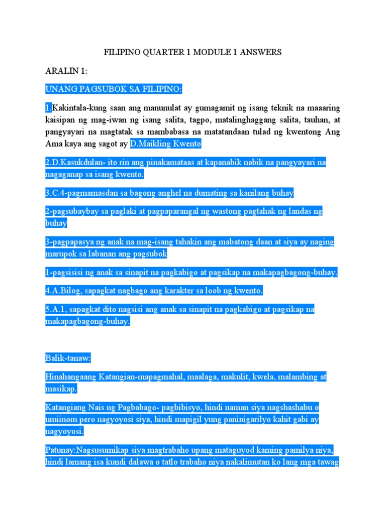 Filipino Quarter 1 Module 1 Answers | PDF