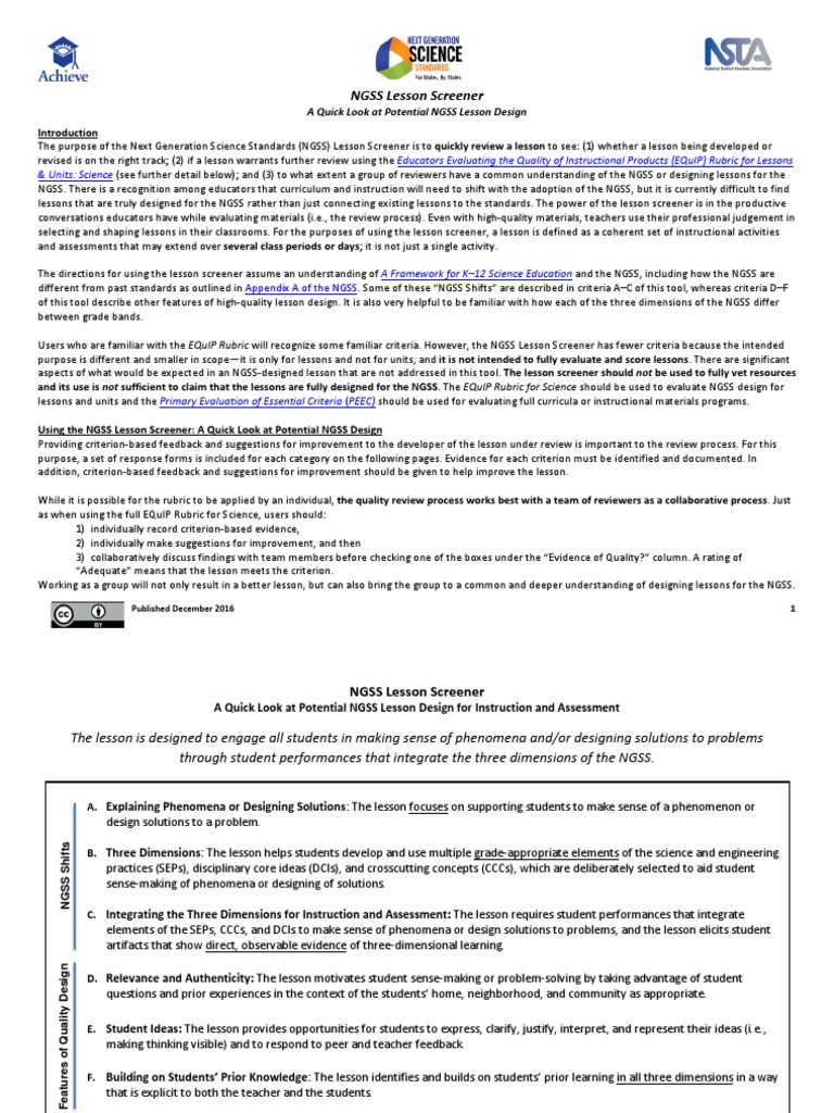NGSS Lesson Screener: A Quick Look at Potential NGSS Lesson Design ...