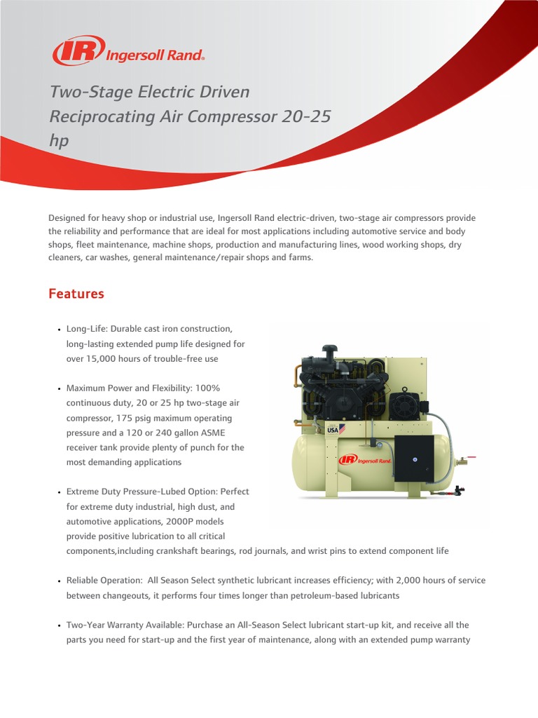 Two-Stage Electric Driven Reciprocating Air Compressor 20-25 HP | PDF ...
