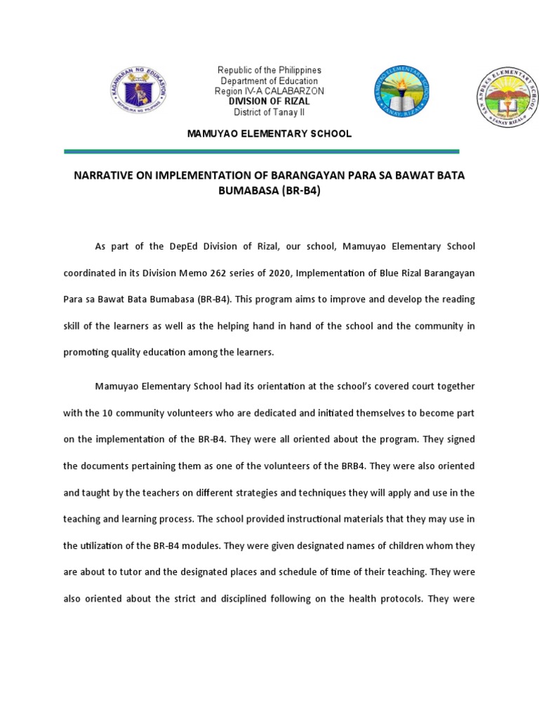 NARRATIVE On Brb4 Implementation | PDF | Teachers | Learning