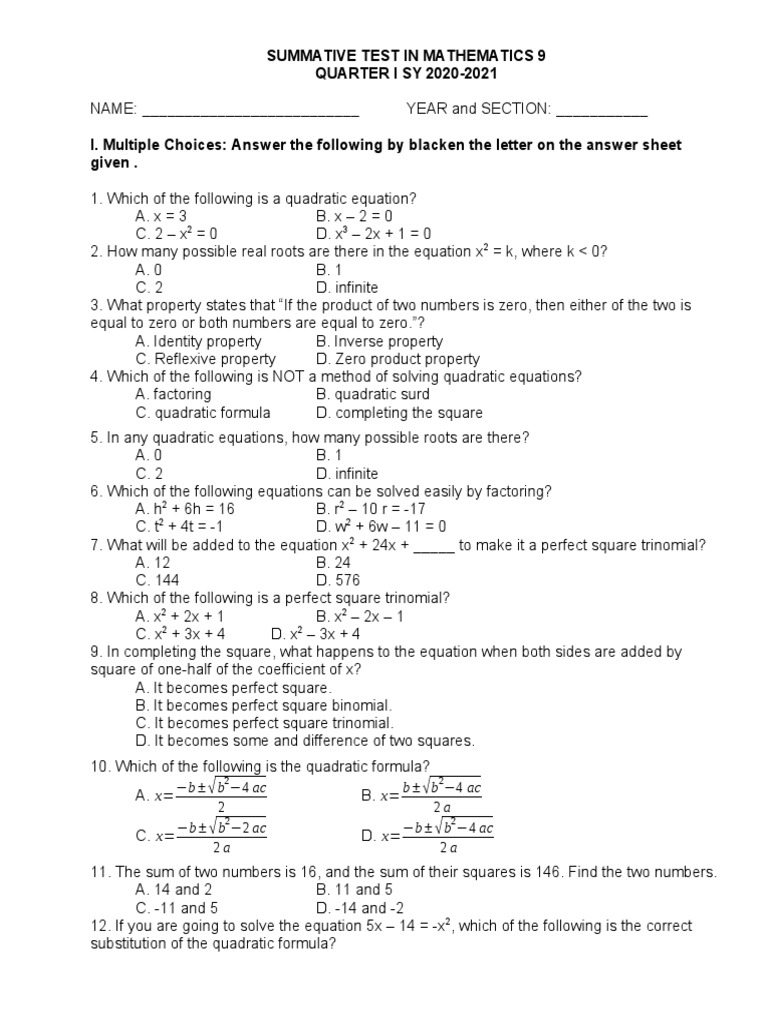 Grade 9 Math Summative Test Q1 | PDF | Quadratic Equation | Equations