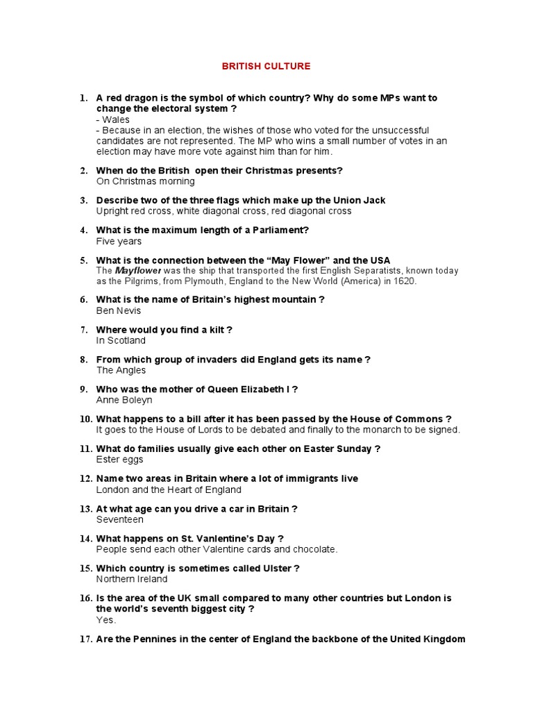 Quiz - BRITISH AMERICAN CULTURE | PDF | Palace Of Westminster | Alaska