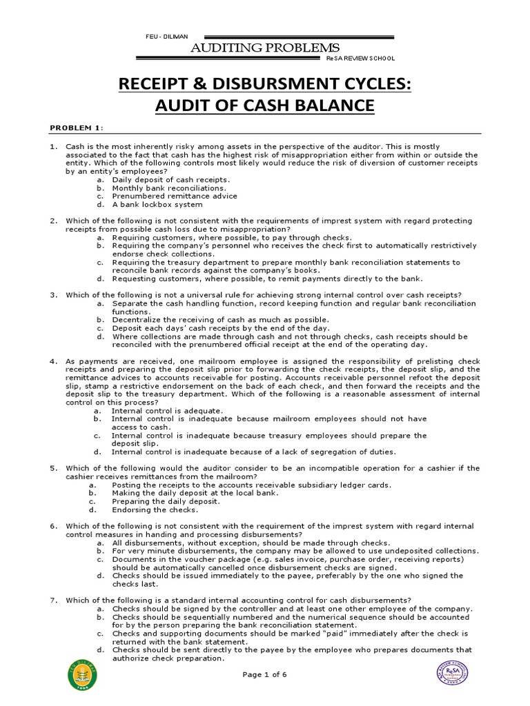 Receipt & Disbursment Cycles: Audit of Cash Balance: Auditing Problems ...