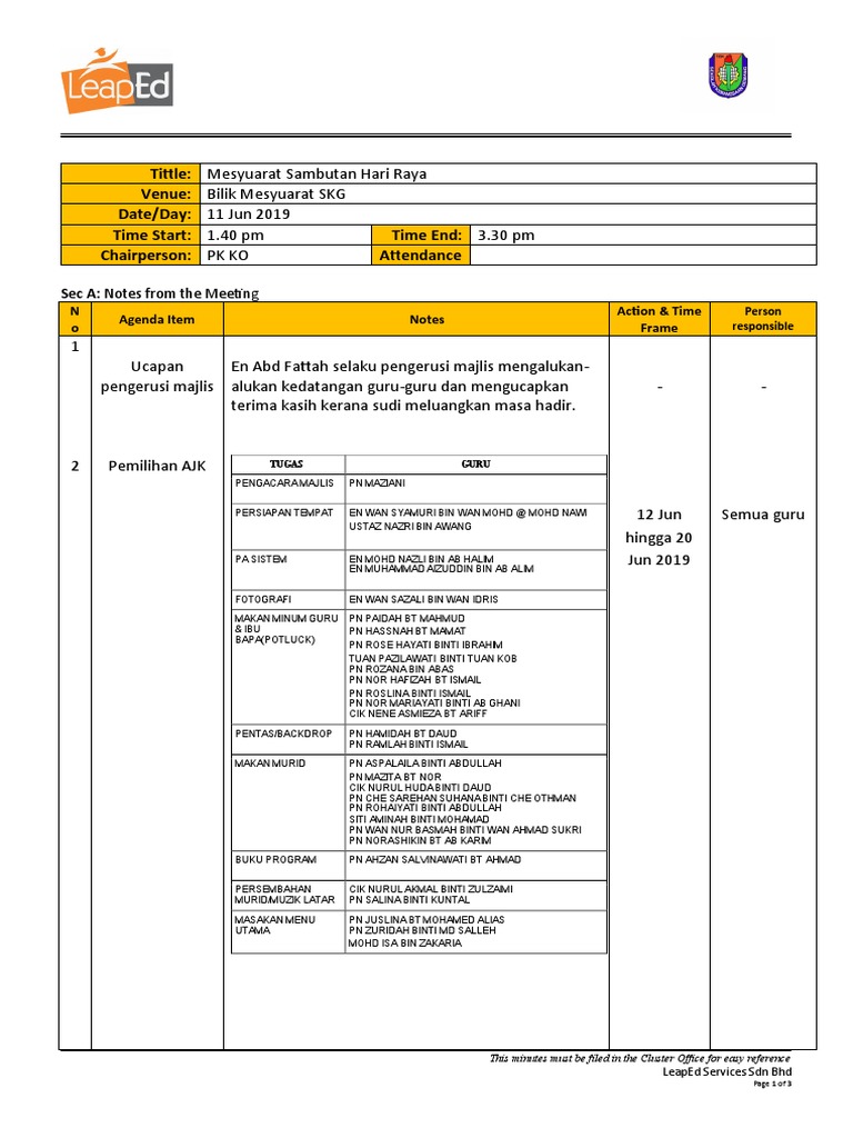Minit Mesyuarat Sambutan Hari Raya 2019 | PDF