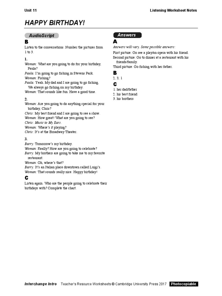 Interchange5thEd IntroLevel Unit11 Listening Worksheet | PDF | Art