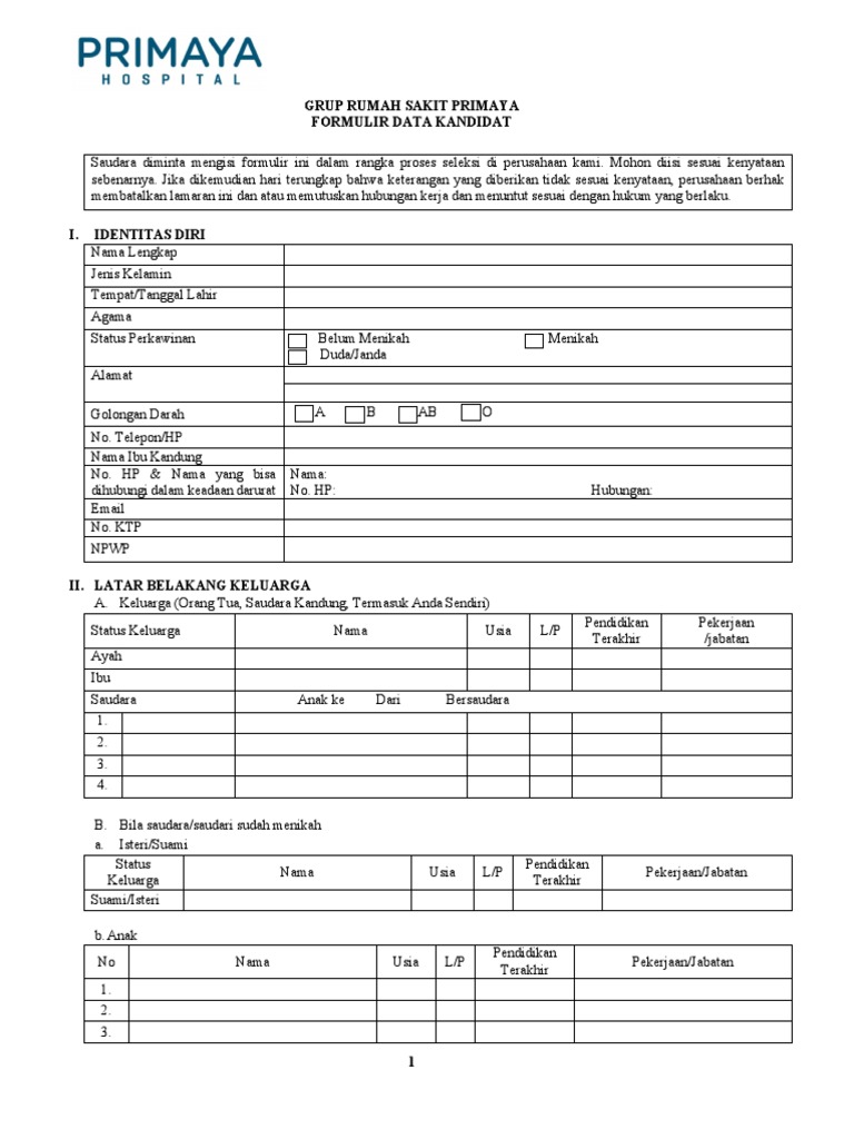 2 Form Isian Kandidat - Progress On HRIS - Primaya | PDF