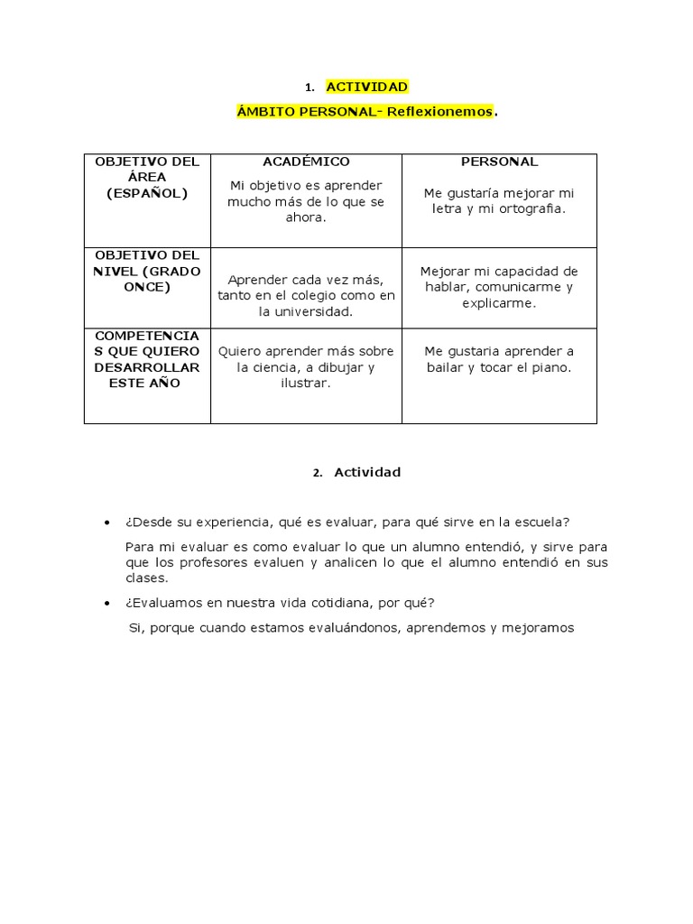 Actividad ÁMBITO PERSONAL-Reflexionemos | PDF | Crecimiento personal y ...